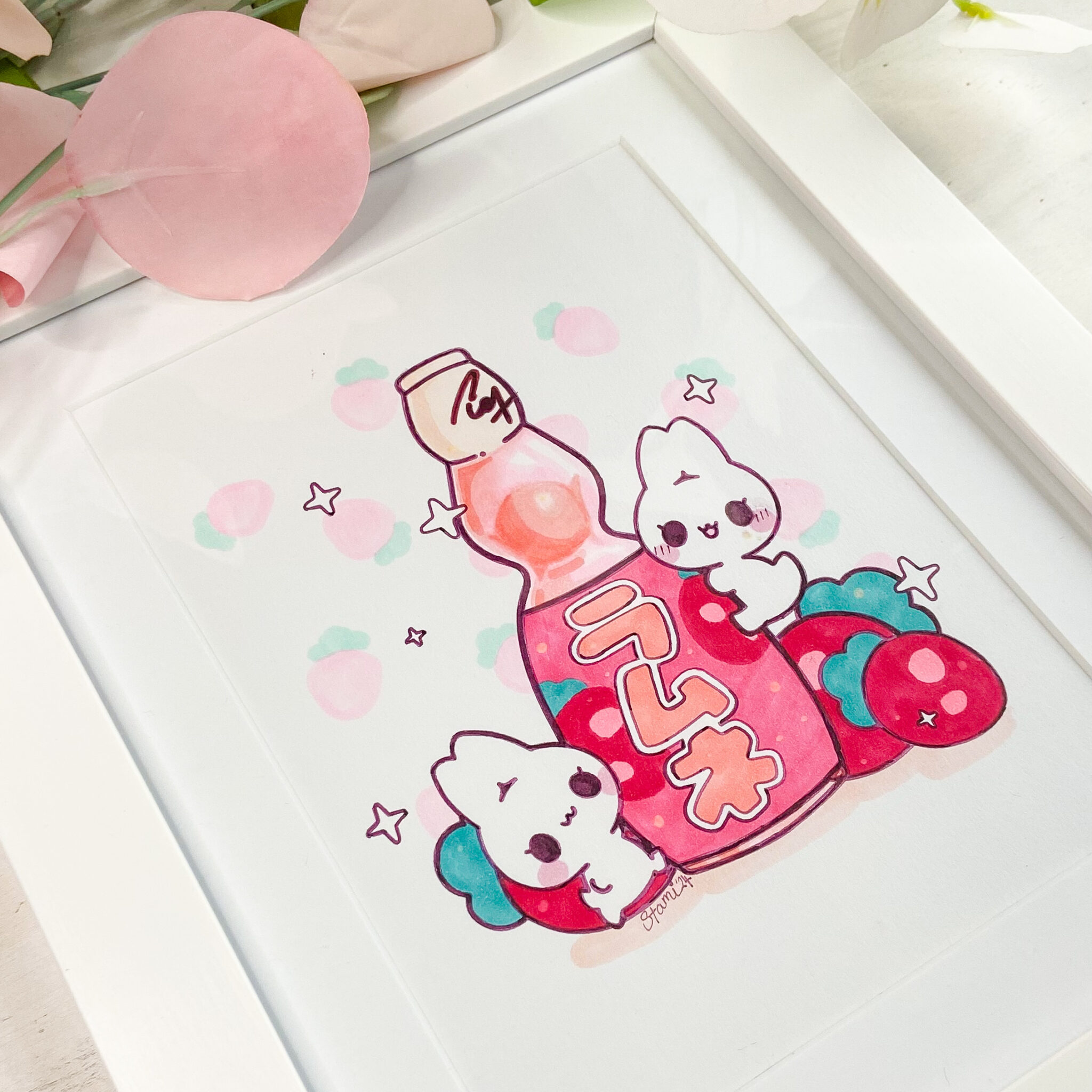 Strawberry Ramune Bunnies Art Piece - Stami Studios
